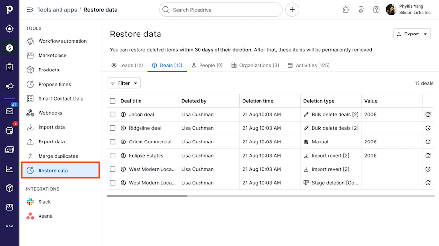 How can I restore data? - Knowledge Base | Pipedrive